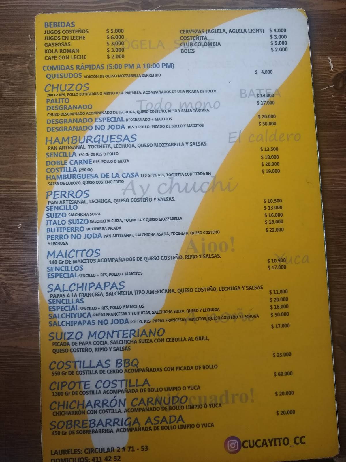 Carta del restaurante Cucayito Cocina Costeña, Medellín