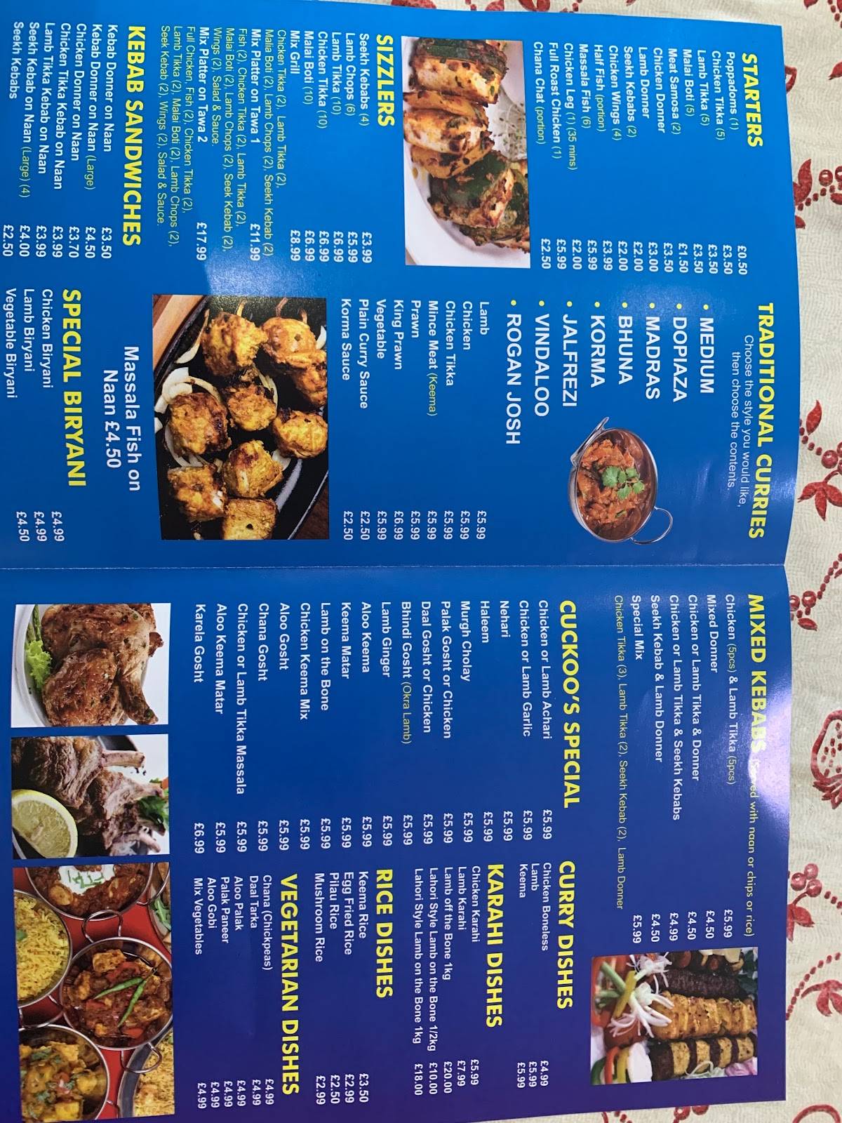Menu at Cuckoos takeway restaurant, Rochdale