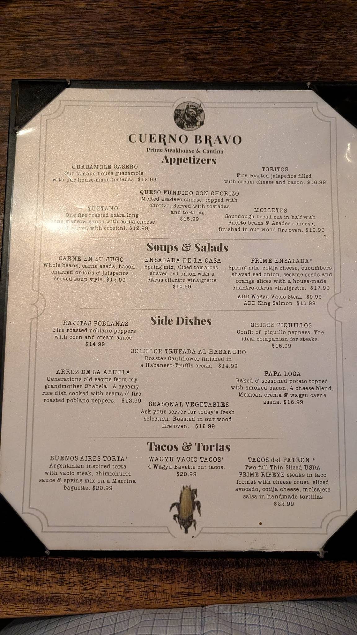 Menu at Cuerno Bravo Steakhouse, Tacoma