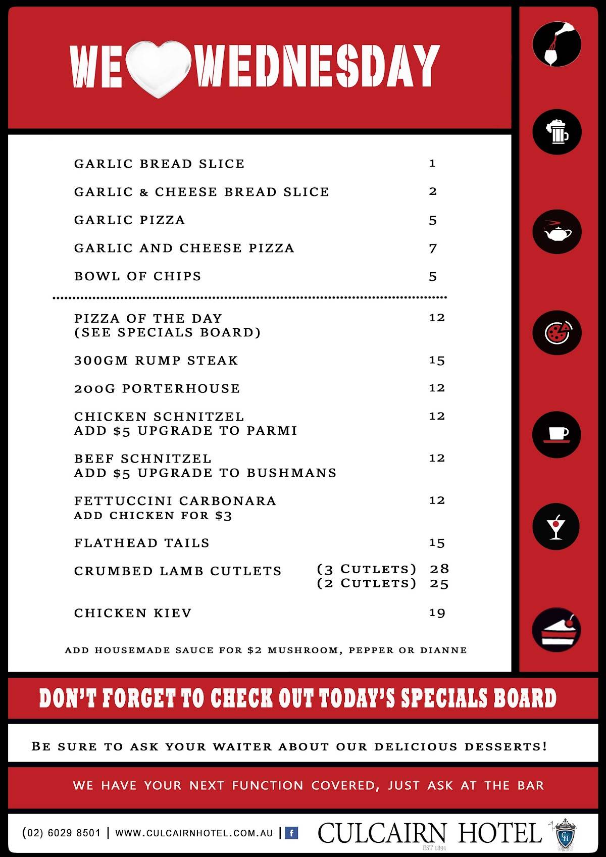 Menu at Culcairn Hotel restaurant, Culcairn