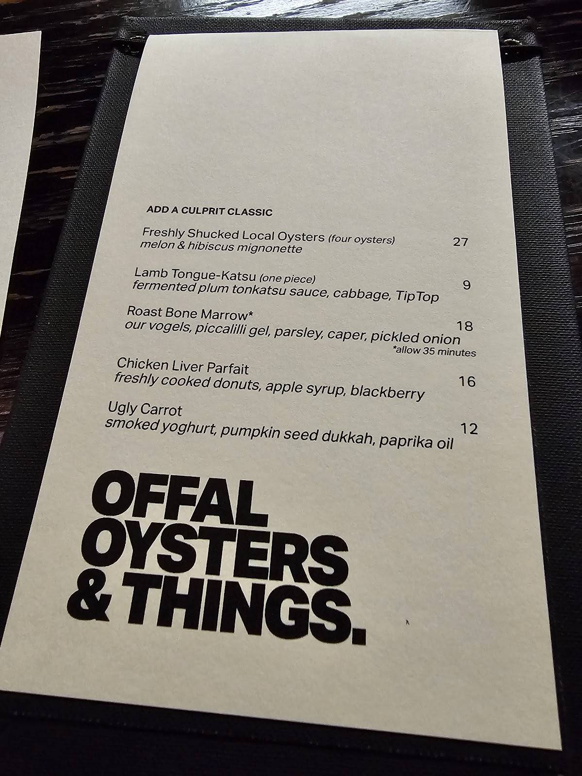 Menu at Culprit. pub & bar, Auckland