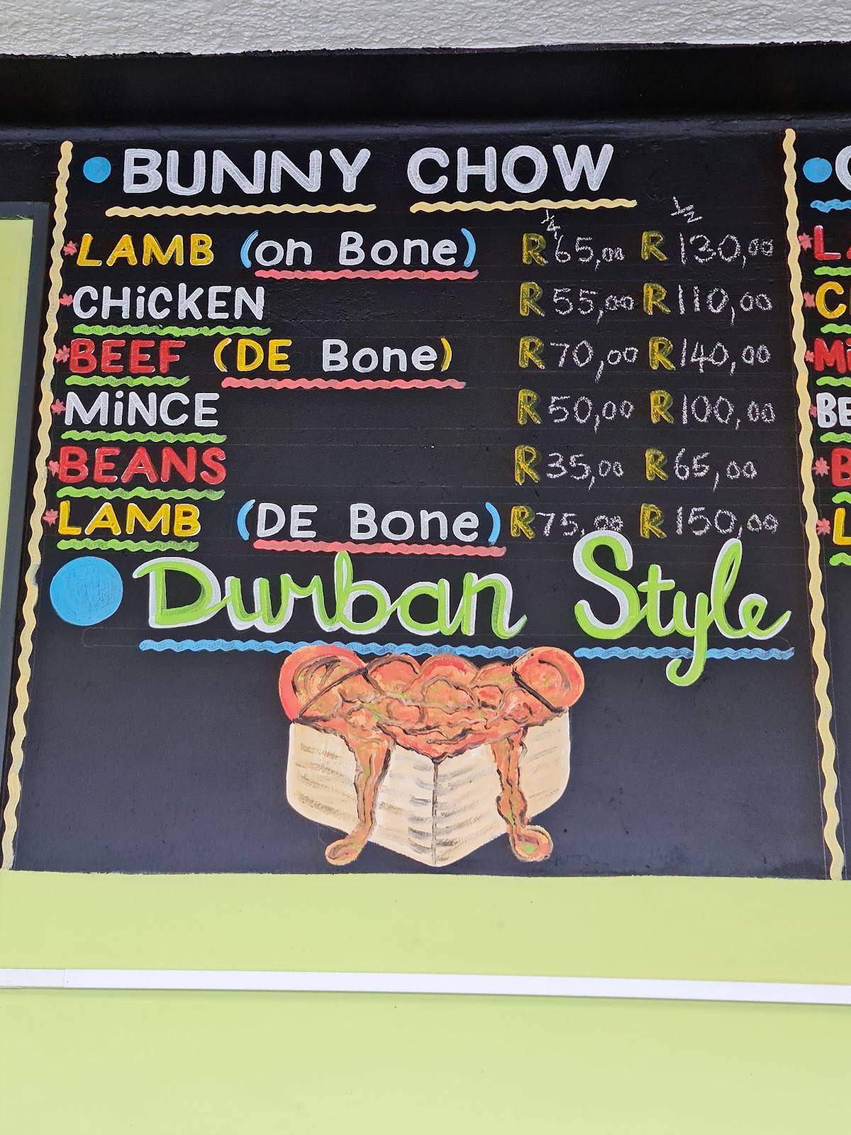 Menu au Curry Den & Take Aways restaurant, Le Cap