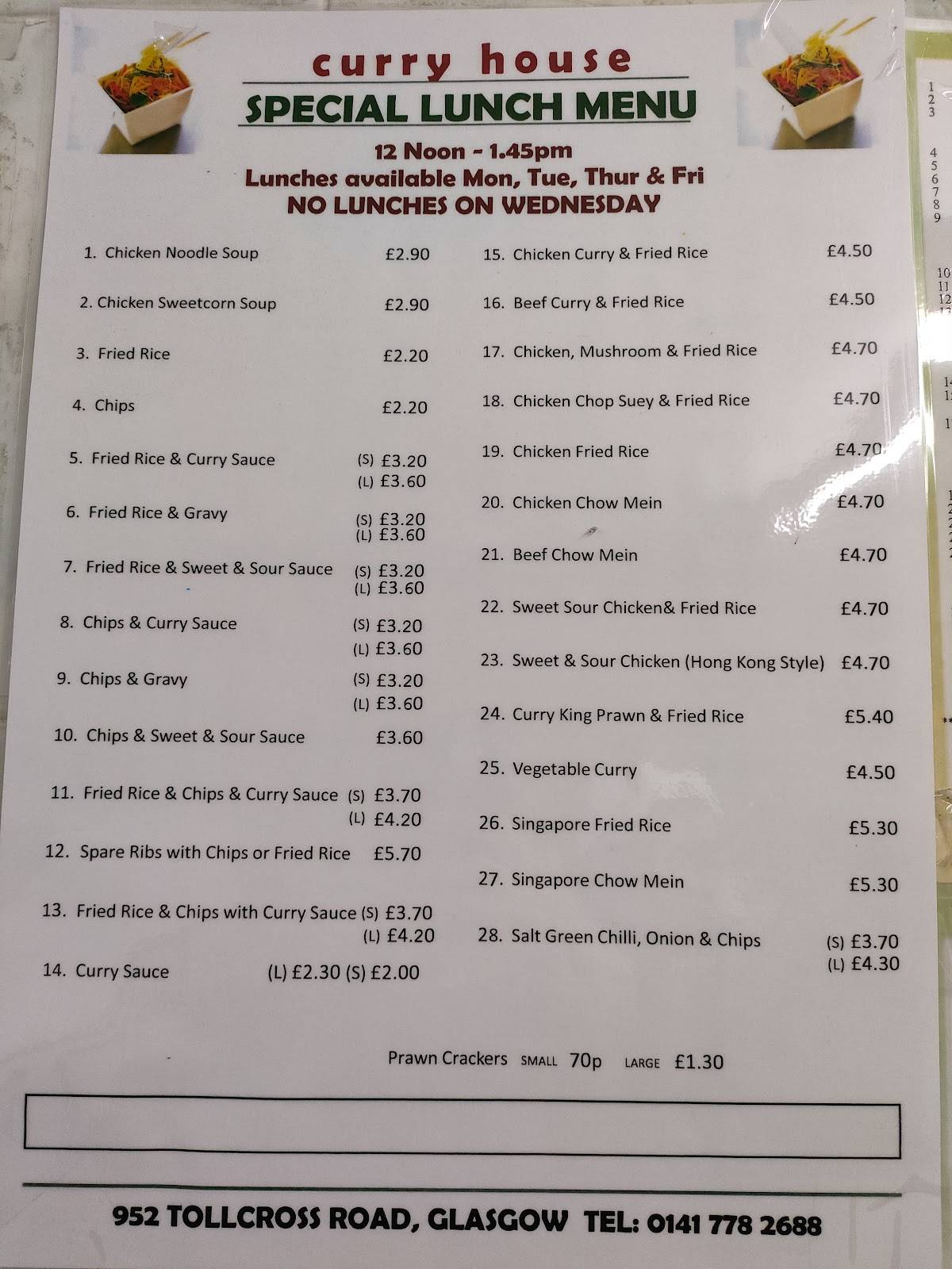 Menu at Curry House restaurant, Glasgow, 952 Tollcross Rd