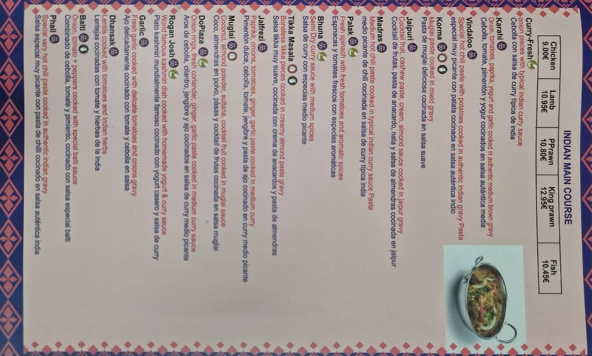 Menu at Curry palace restaurant, Turre