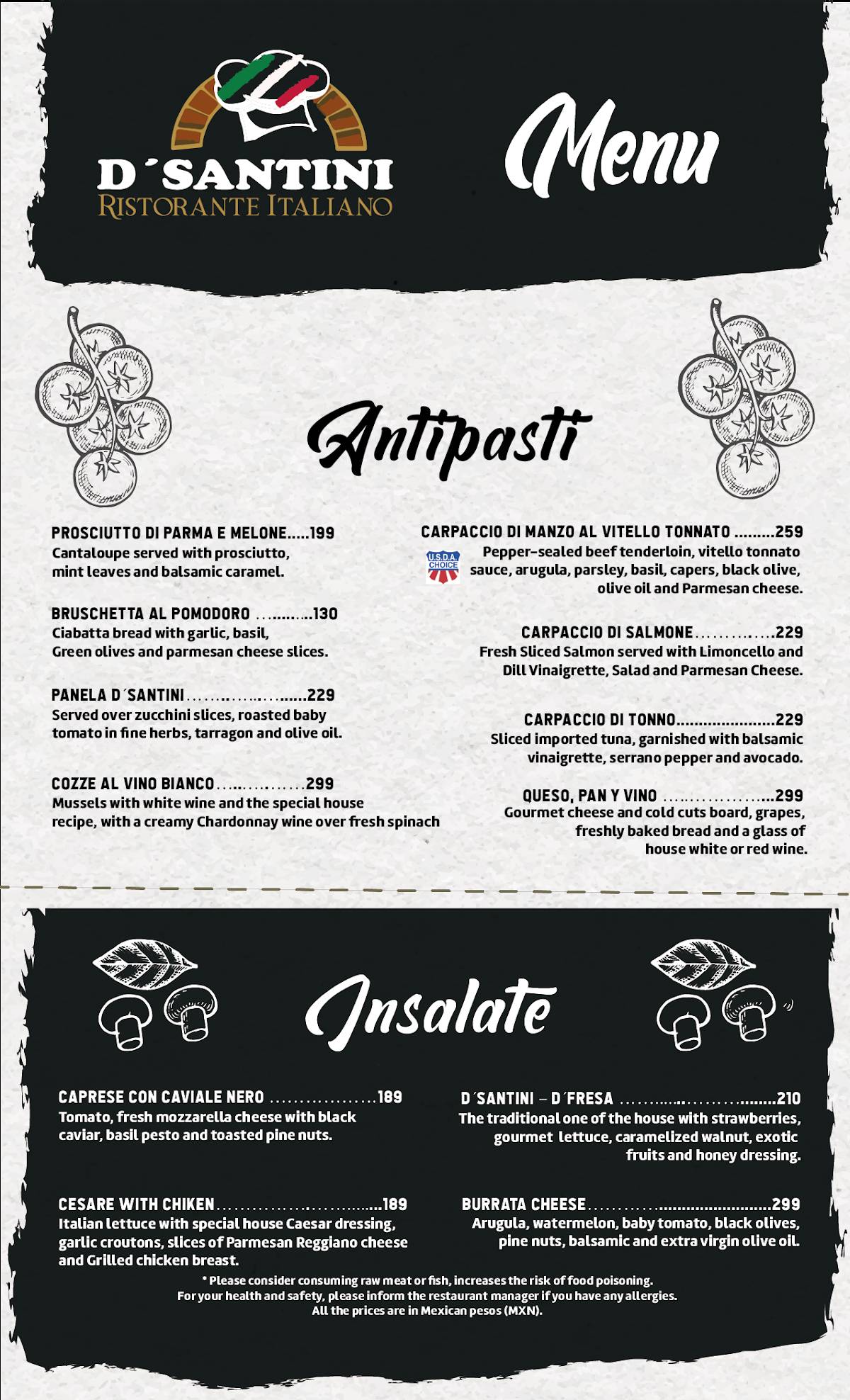Menu at D' Santini pizzeria, Puerto Vallarta