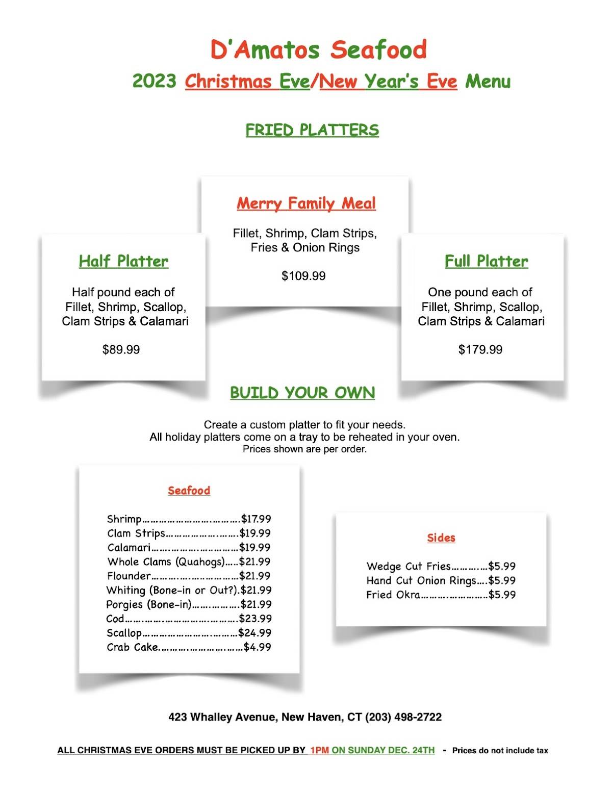 Menu at D'Amato's Seafood II restaurant, New Haven