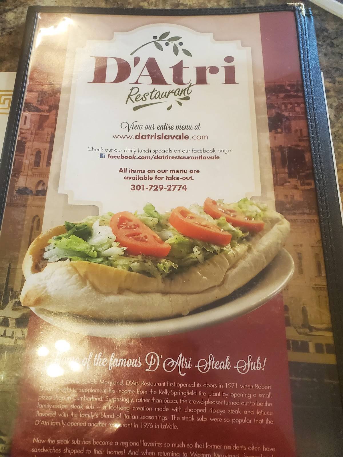 Menu at D'Atri's Restaurant, Cumberland