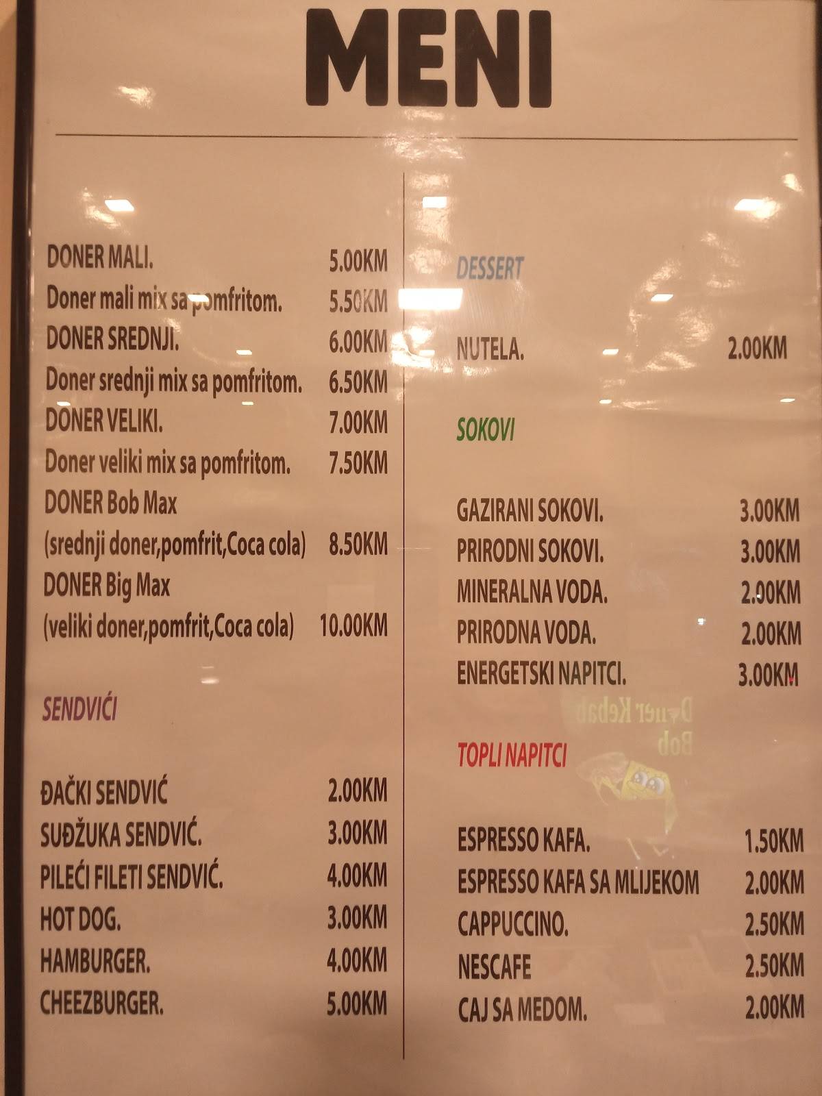Menu au Doner Kebab Bob restaurant, Sarajevo
