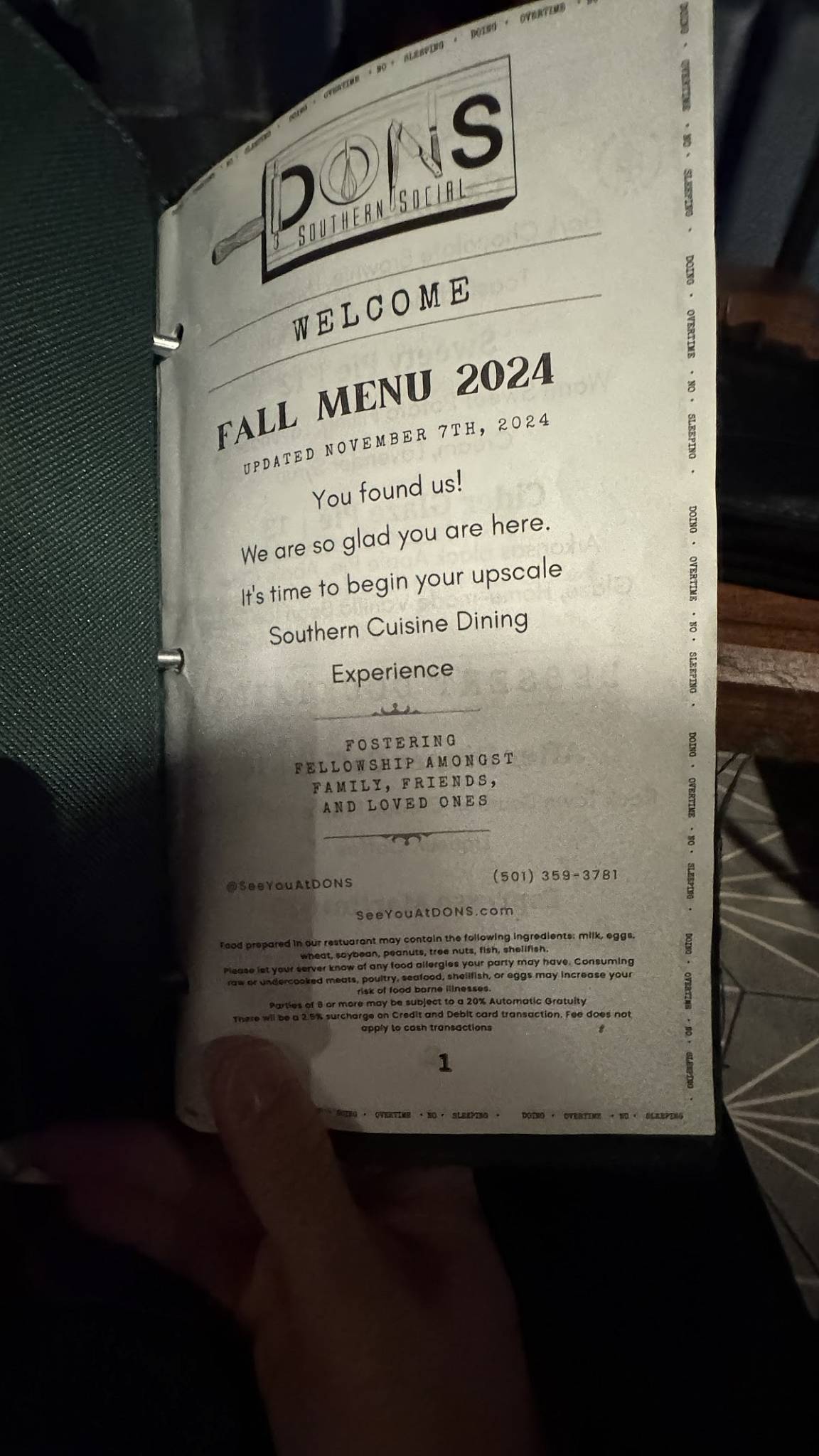 Menu at DONS Southern Social pub & bar, Hot Springs