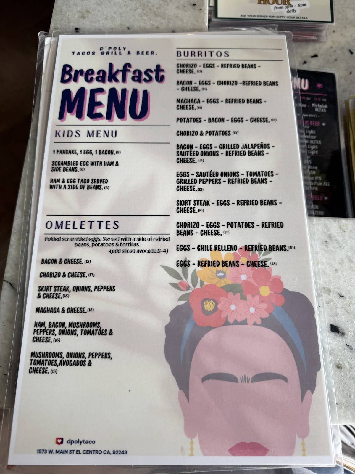 Menu at D'Poly Taco, Grill & Beer pub & bar, El Centro