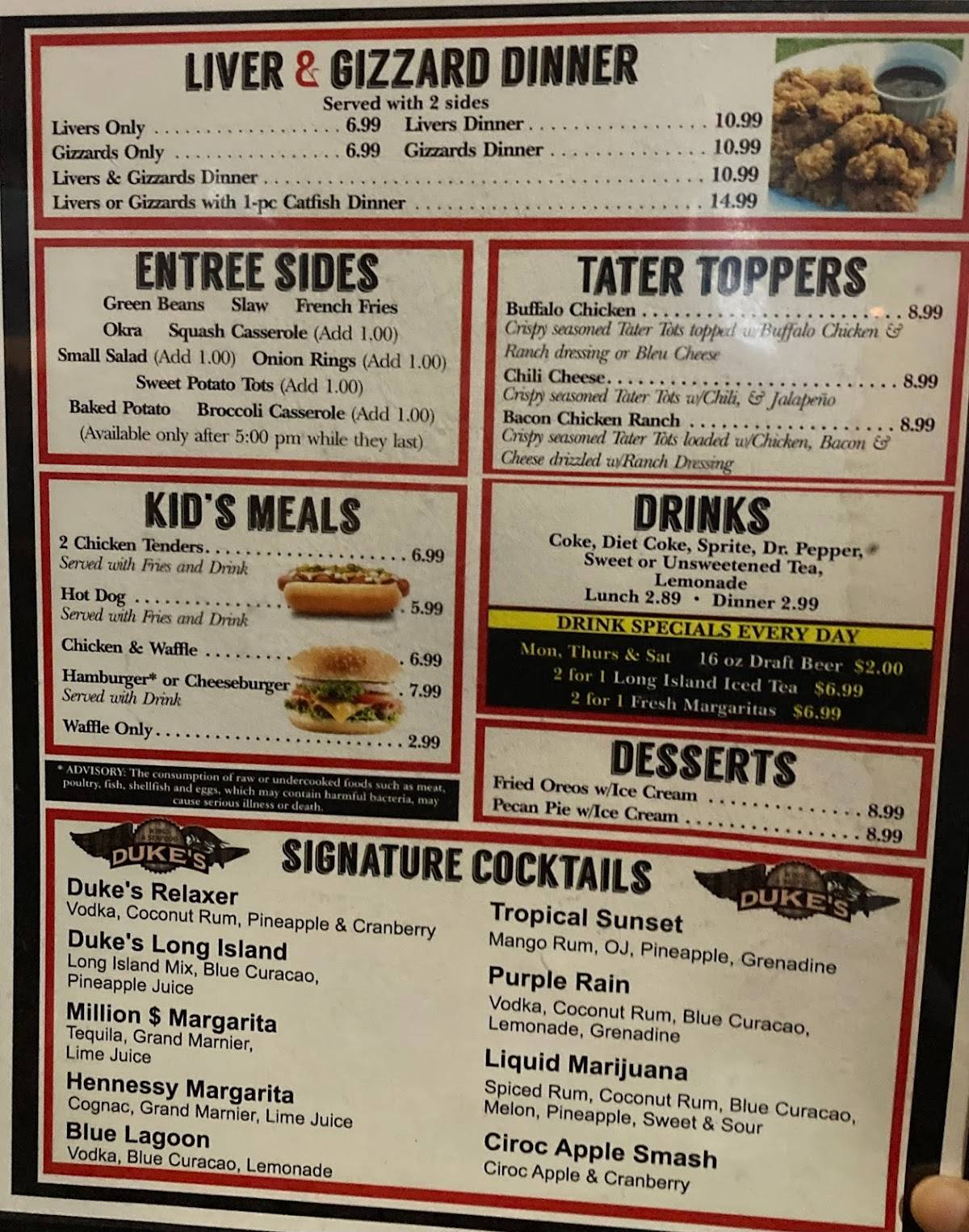 Menu at DUKE'S restaurant, Calhoun