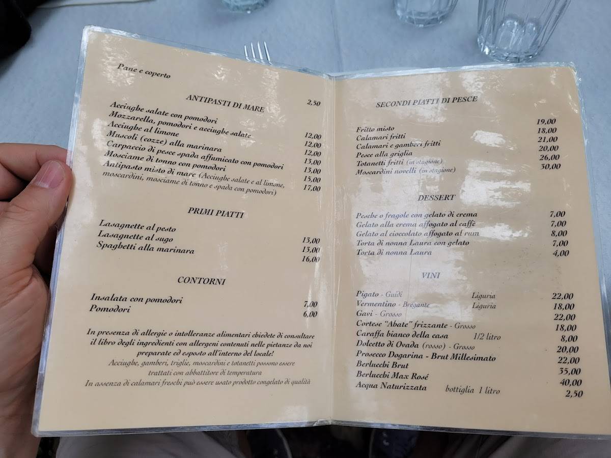 Menu at Da Laura restaurant, San Fruttuoso, Via S. Fruttuoso