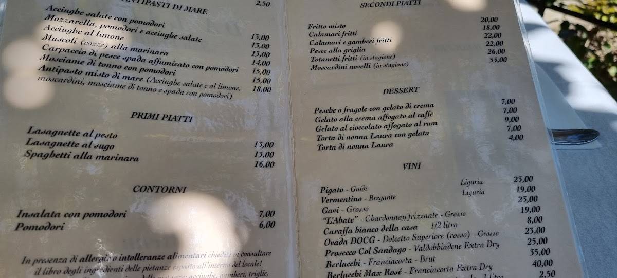 Menu at Da Laura restaurant, San Fruttuoso, Via S. Fruttuoso
