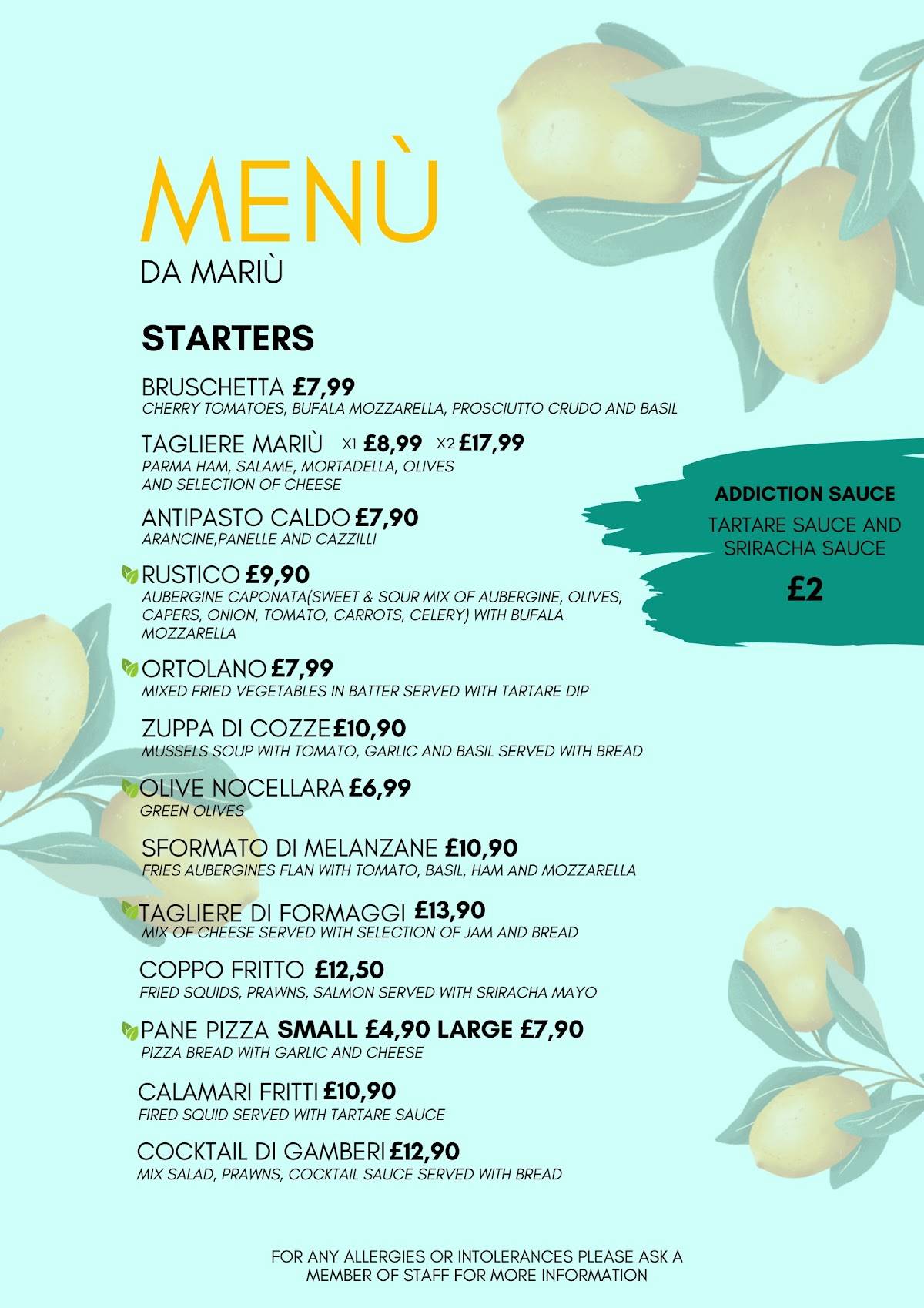 Menu at Da Mariù restaurant, Basingstoke