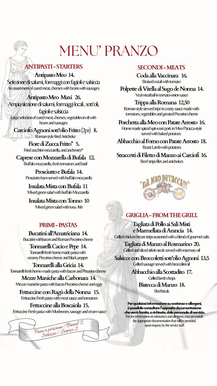 Menu at Da Meo Patacca restaurant, Rome