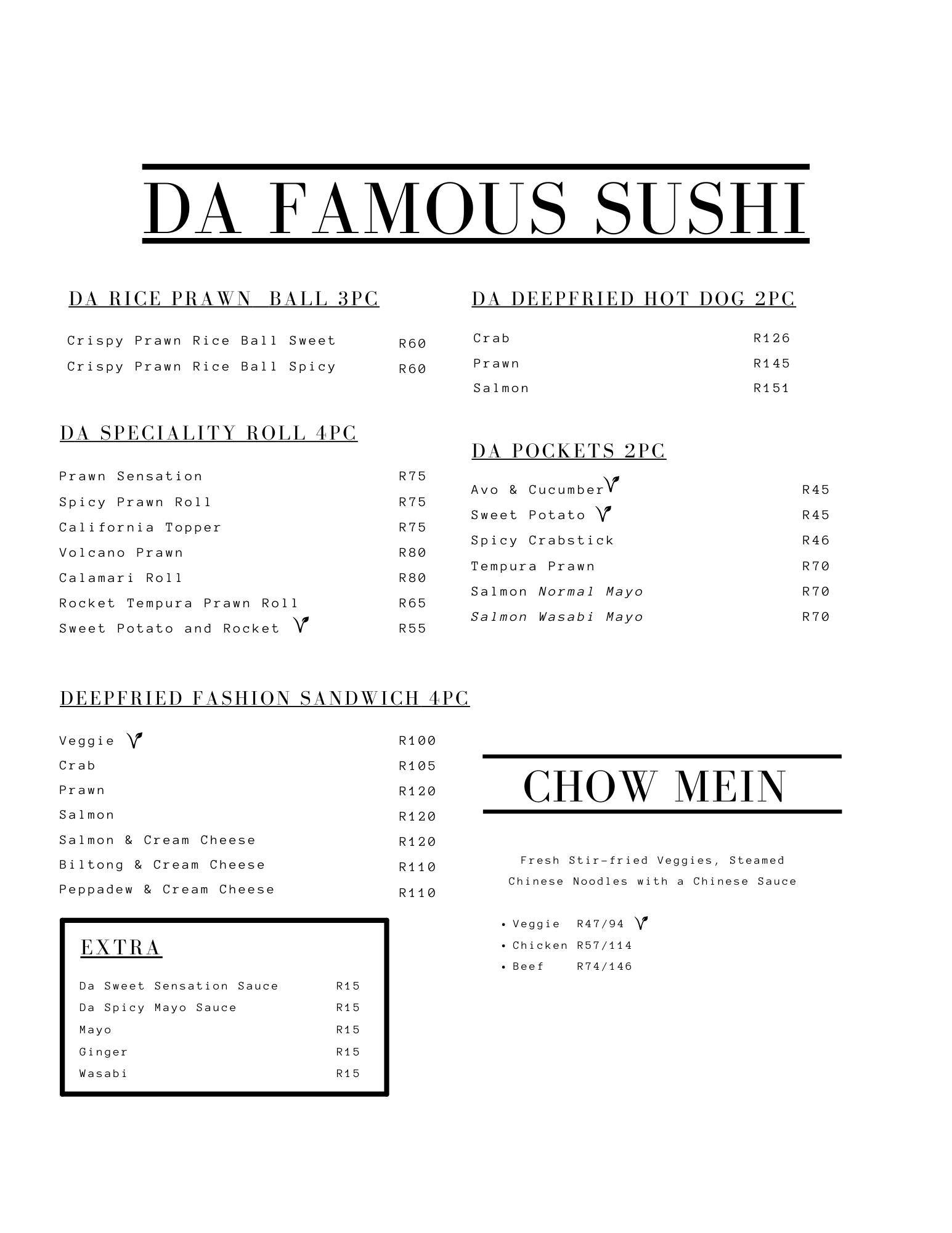 Menu at Da Sushi House restaurant, Tzaneen