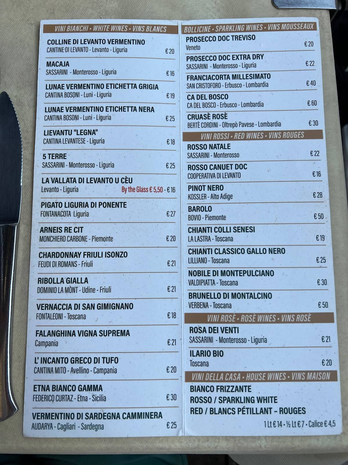 Menu da Da Tapulin ristorante, Levanto