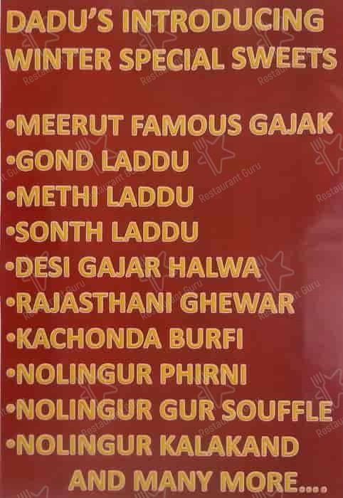 Menu at Dadus, Hyderabad, Survey 169-171