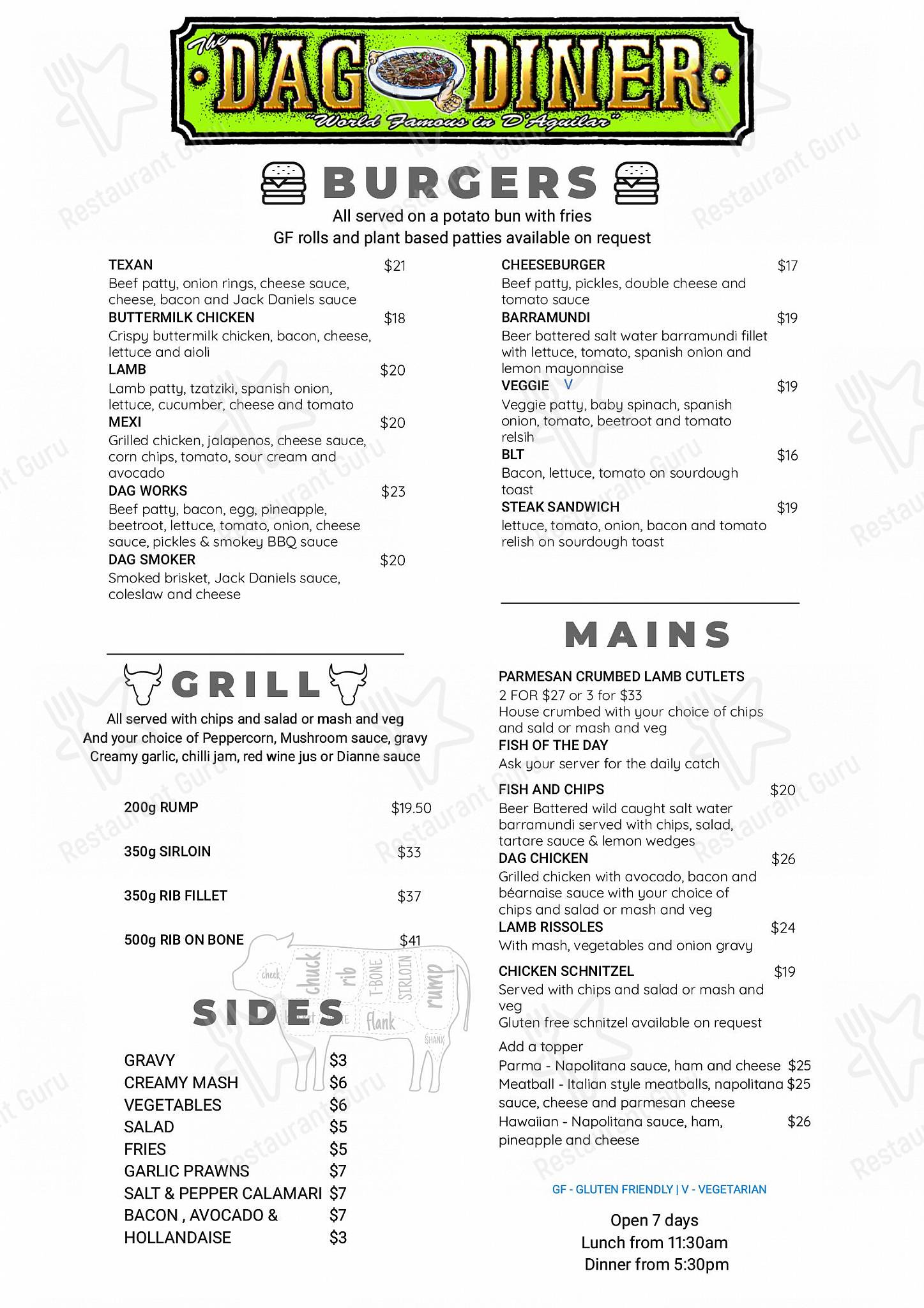 Menu at Dag Pub & Motel, D'Aguilar