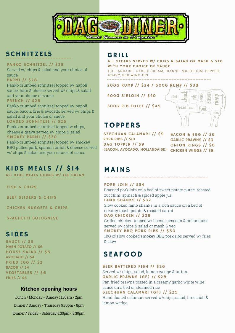 Menu at Dag Pub & Motel, D'Aguilar
