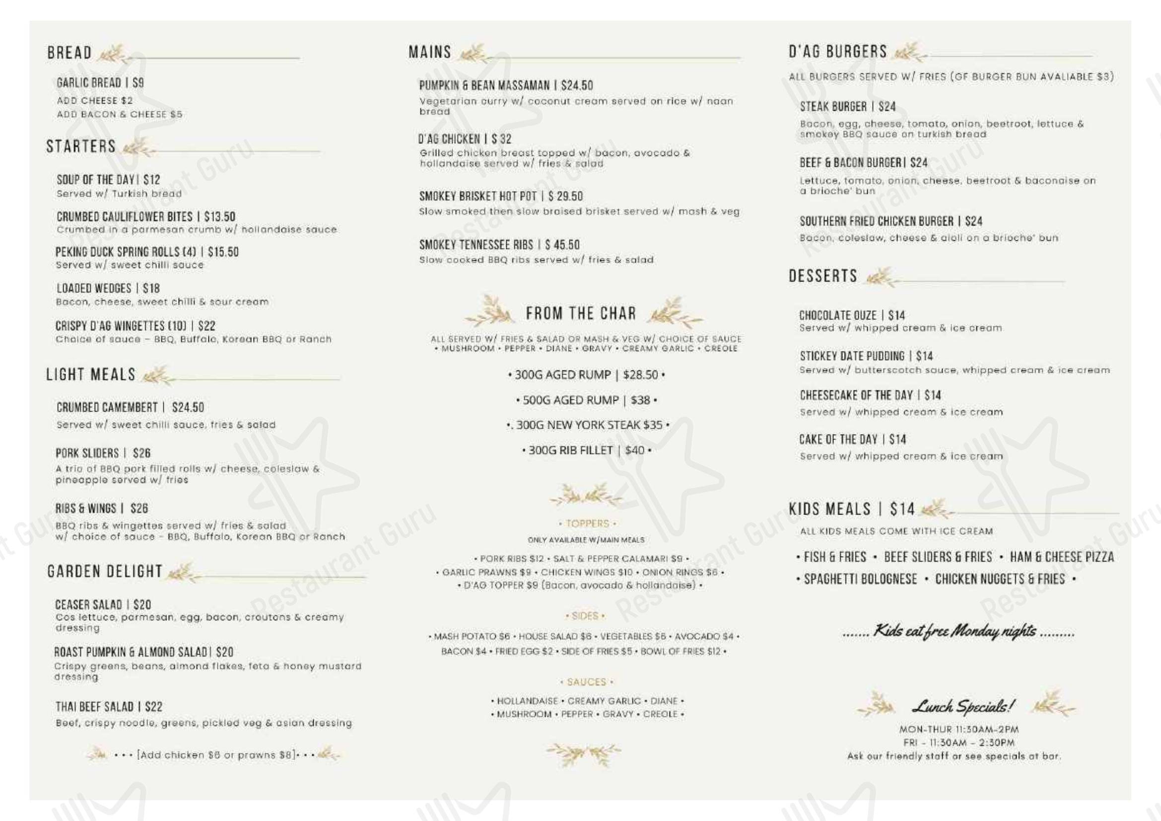 Menu at Dag Pub & Motel, D'Aguilar