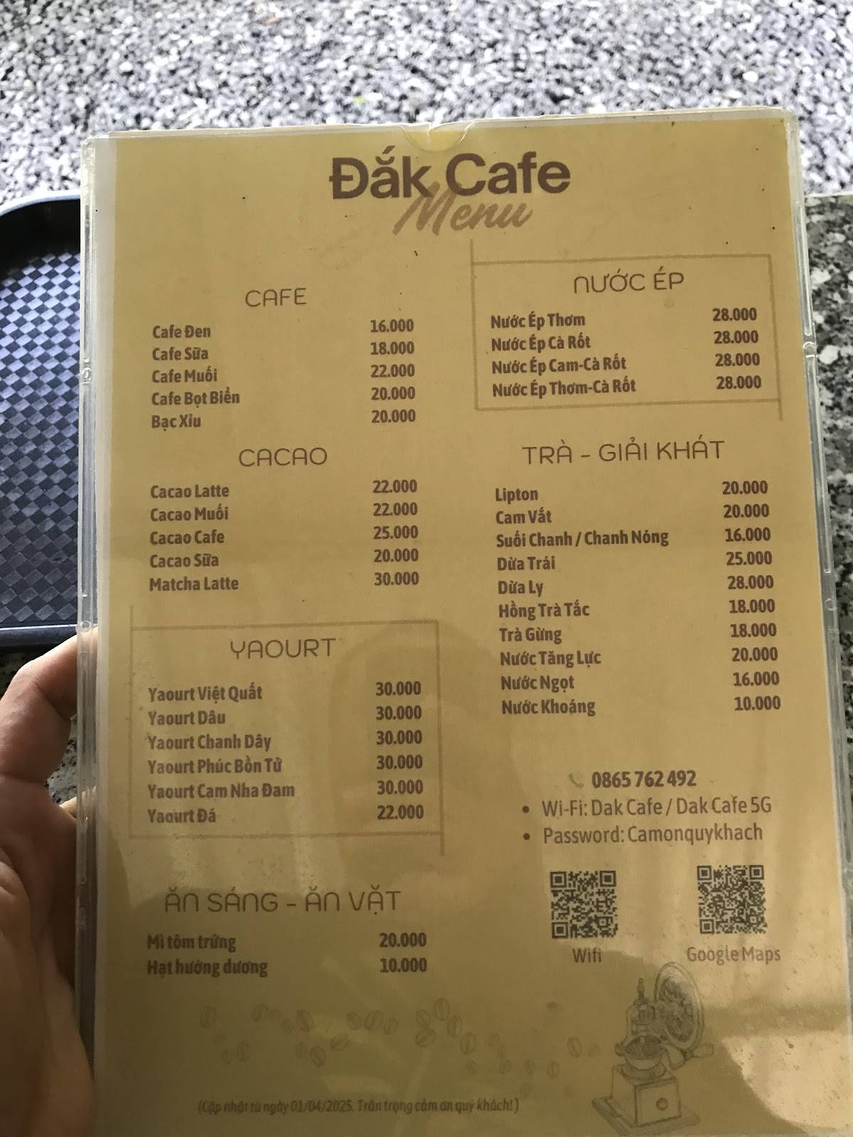 Menu at Dak Coffee @Lagi cafe, La Gi