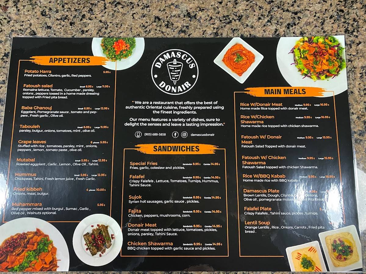 Carta del restaurante Damascus Donair, Saint Catharines