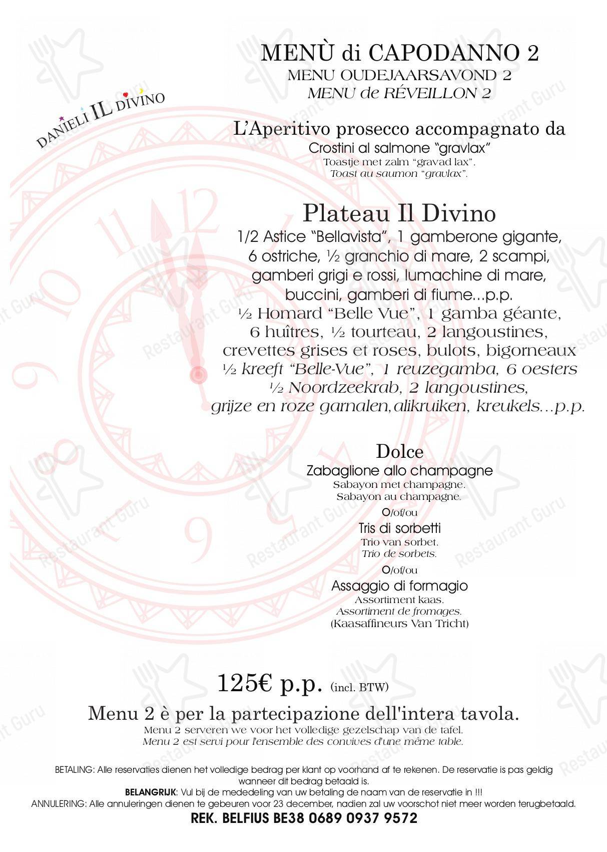 Speisekarte von Danieli il Divino, Antwerpen, Beukenlaan 12