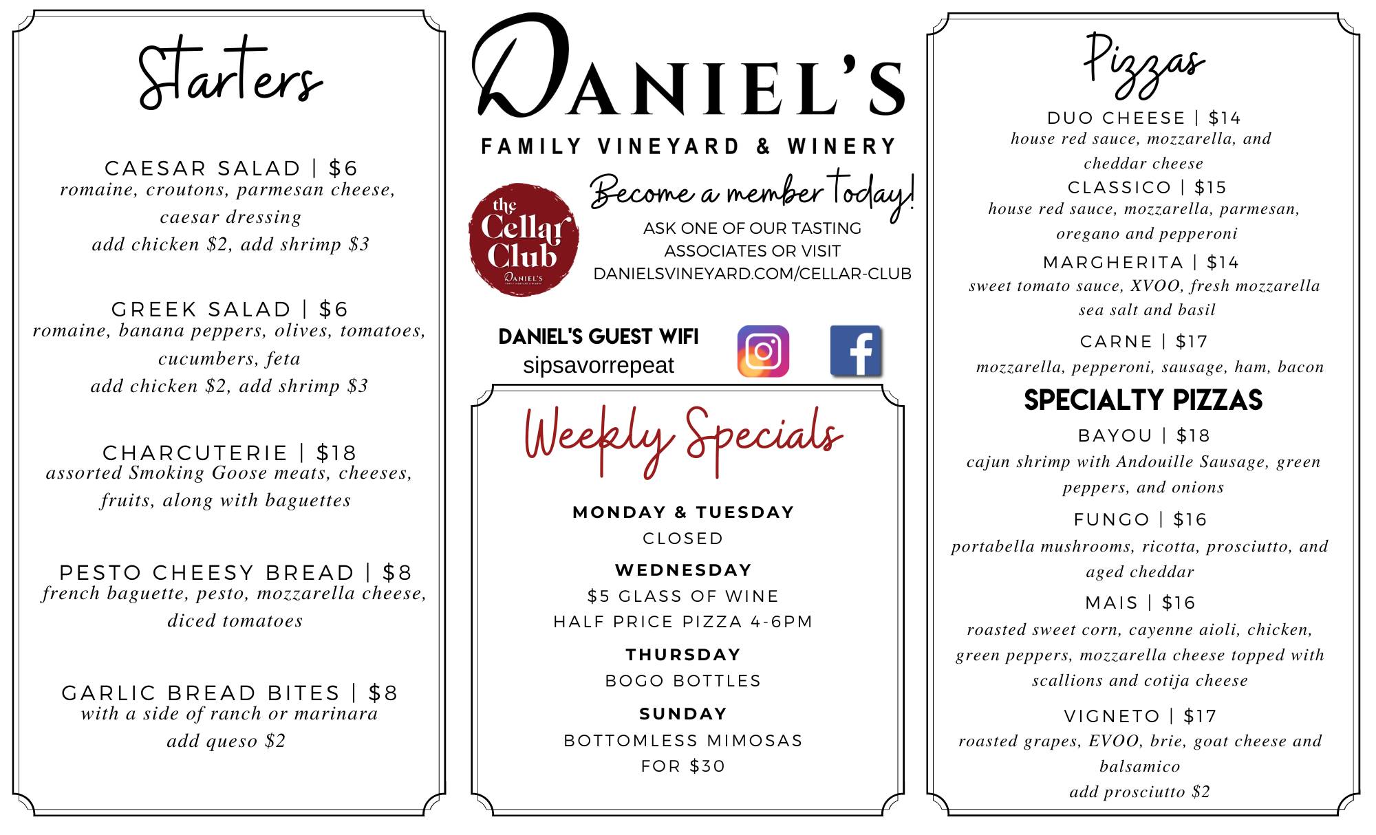 Menu at Daniel's Vineyard restaurant, McCordsville