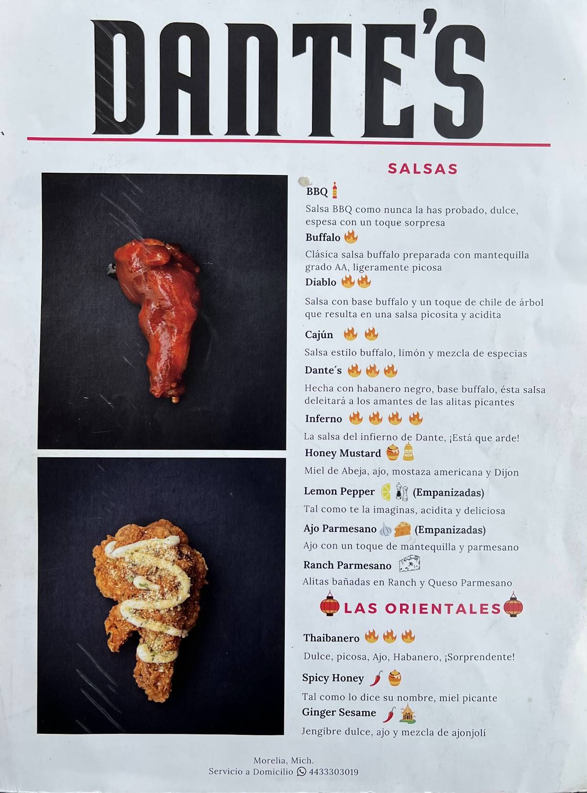 Menu at Dante´s Wings restaurant, Morelia