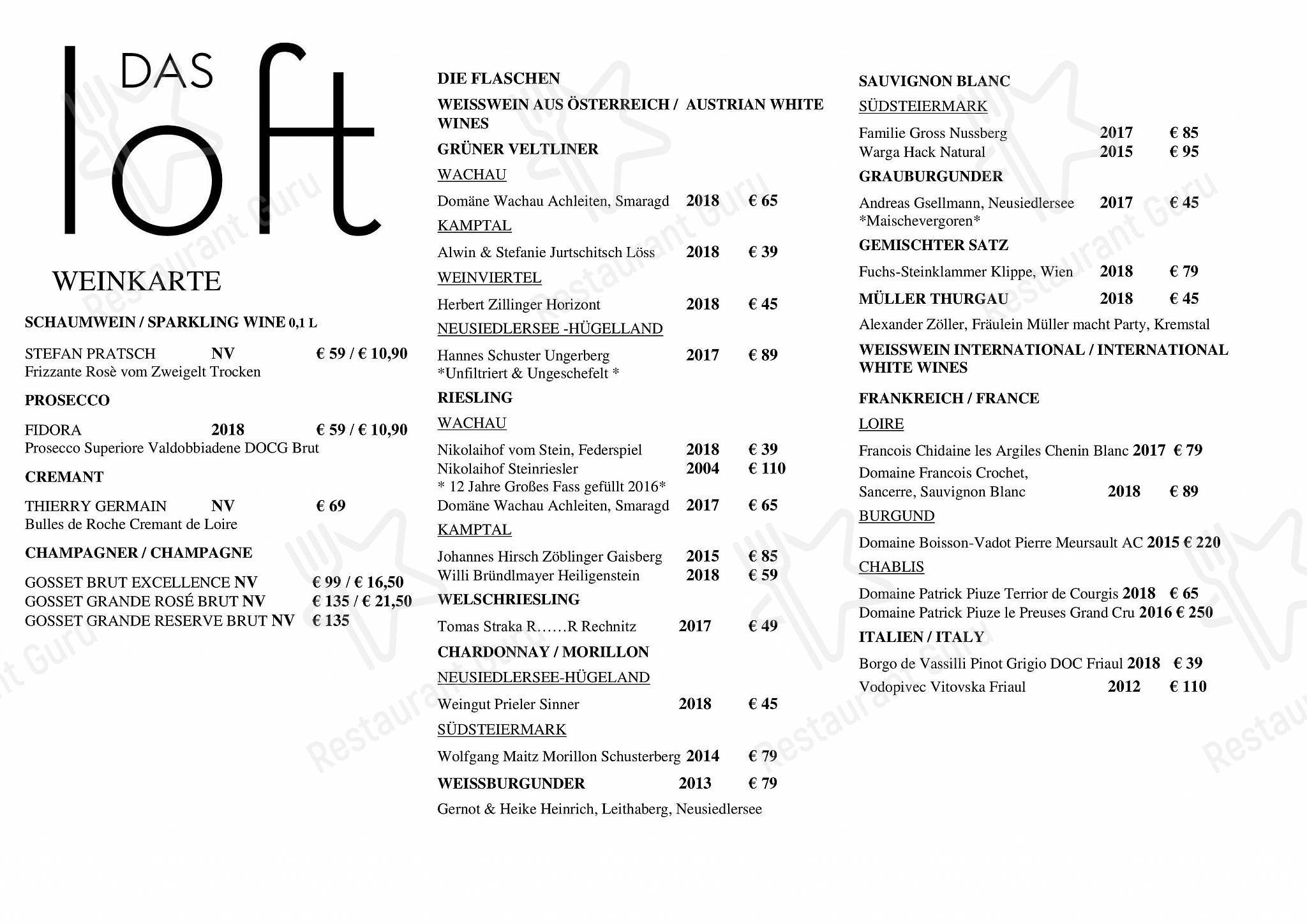 Speisekarte von Das LOFT pub & Bar, Wien