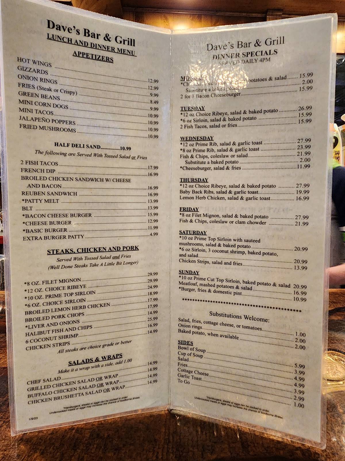 Menu at Dave's Bar and Grill, Spokane Valley