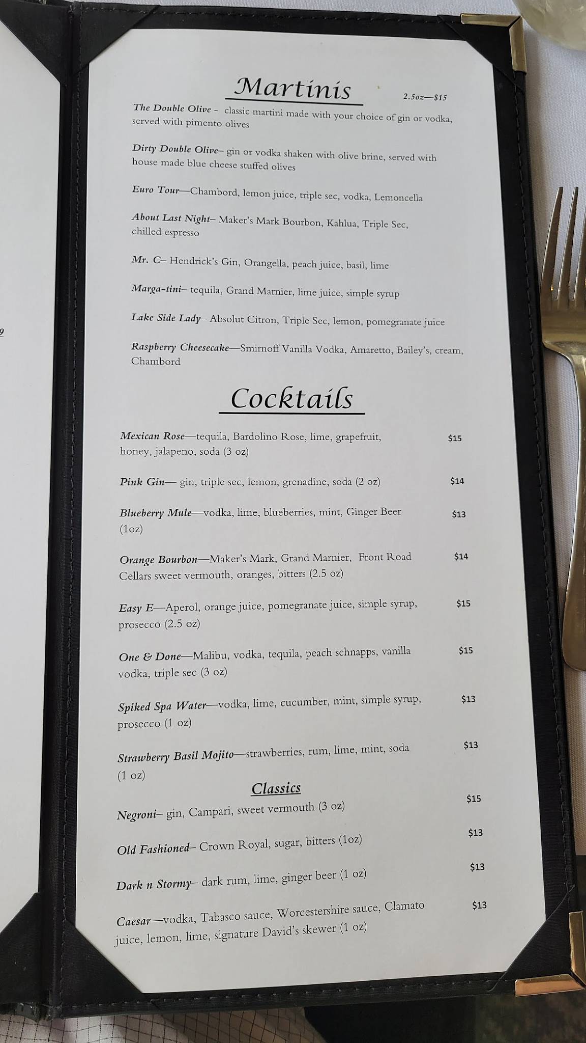 Menu at David's Restaurant, Port Dover