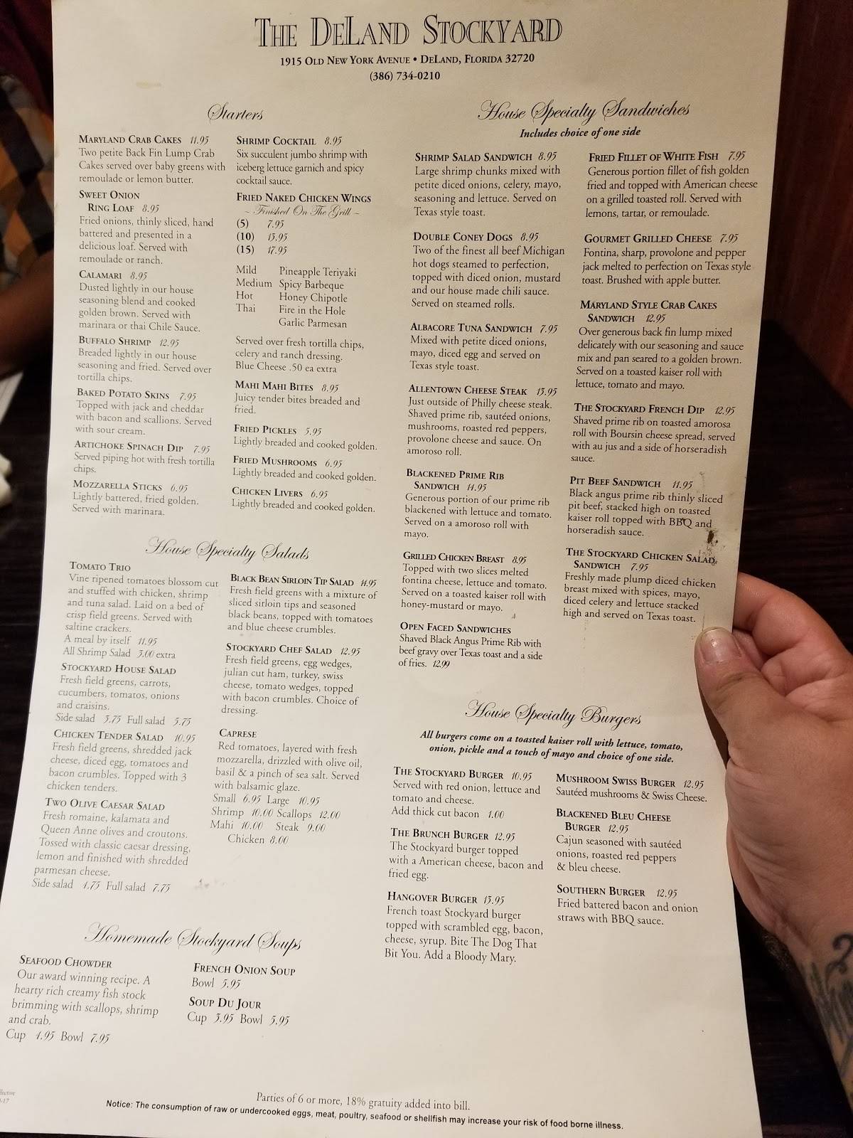 Menu at The DeLand Stockyard steakhouse, DeLand