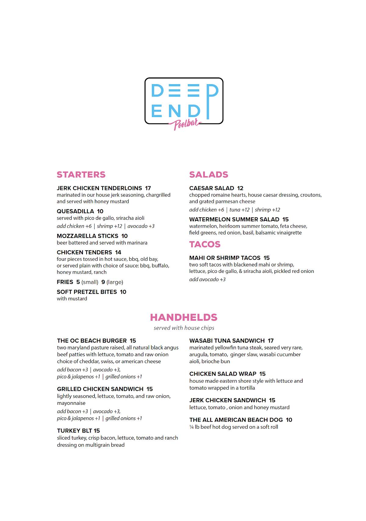 Menu at Deep End Pool Bar, Ocean City