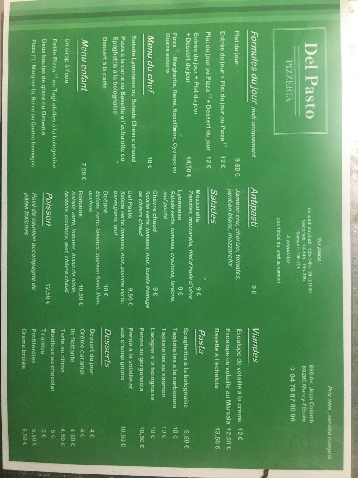 Menu au Del Pasto restaurant, Marcy-l'Étoile