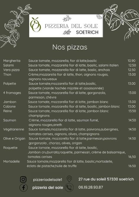 Menu au Pizza Del Sole restaurant, Hettange-Grande
