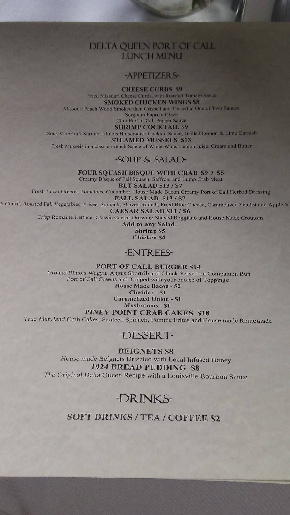 Menu at Delta Queen Port of Call Restaurant, Kimmswick