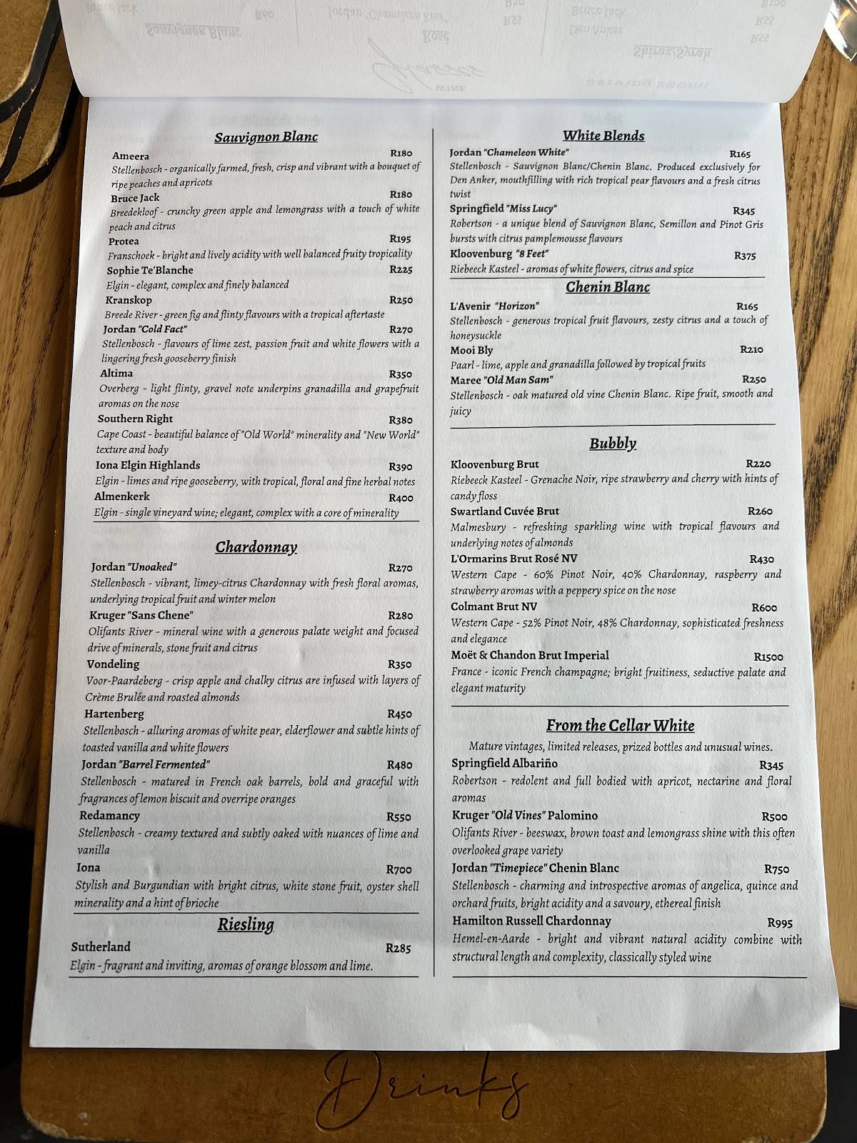 Menu at Den Anker restaurant, Cape Town