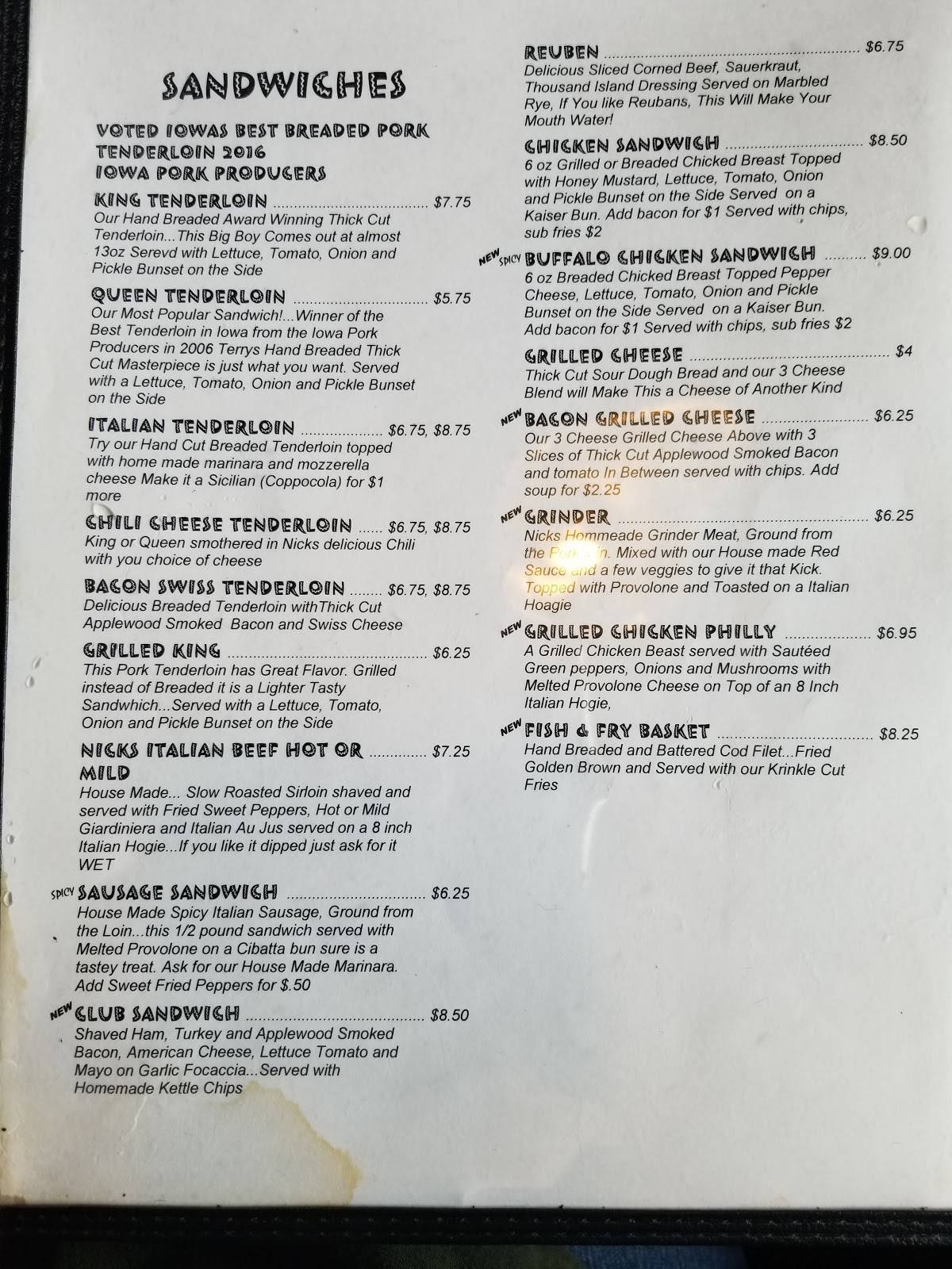 Menu at Nick's restaurant, Des Moines
