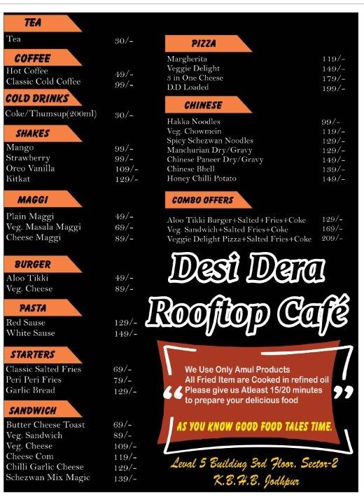 Menu at Desi Dera Cafe, Jodhpur