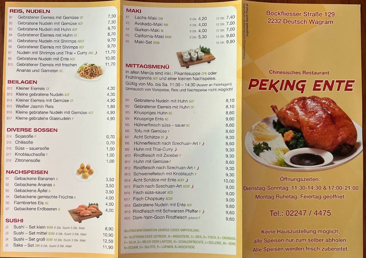 Menu au China-Restaurant Peking Ente, Deutsch-Wagram