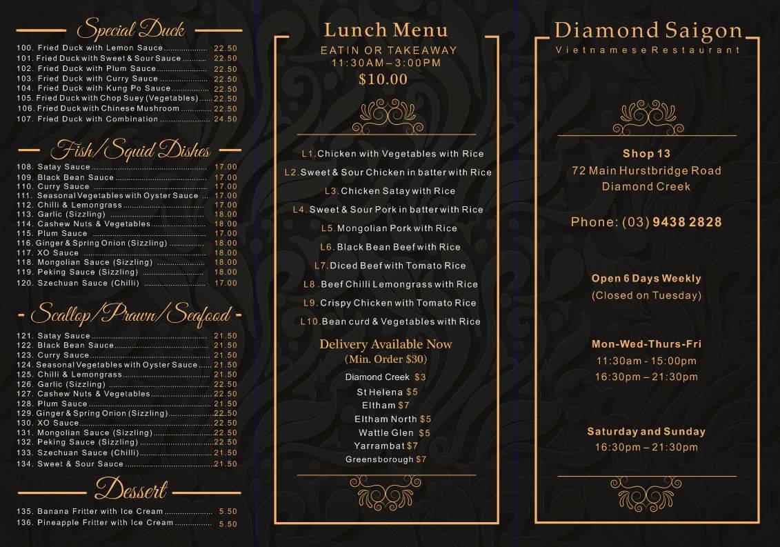 Menu at Diamond Saigon restaurant, Diamond Creek