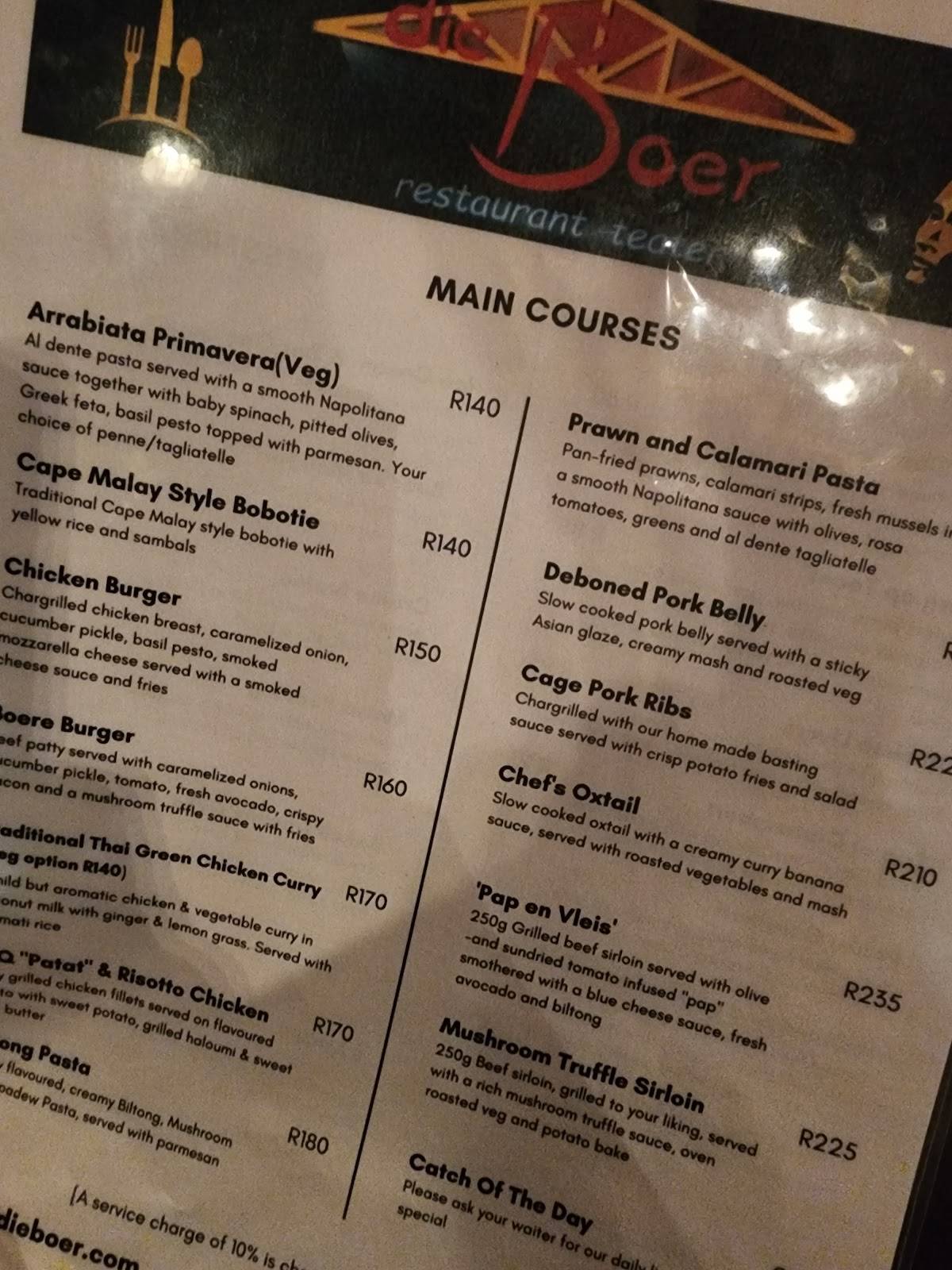 Menu at Die Boer Restaurant Durbanville, Cape Town