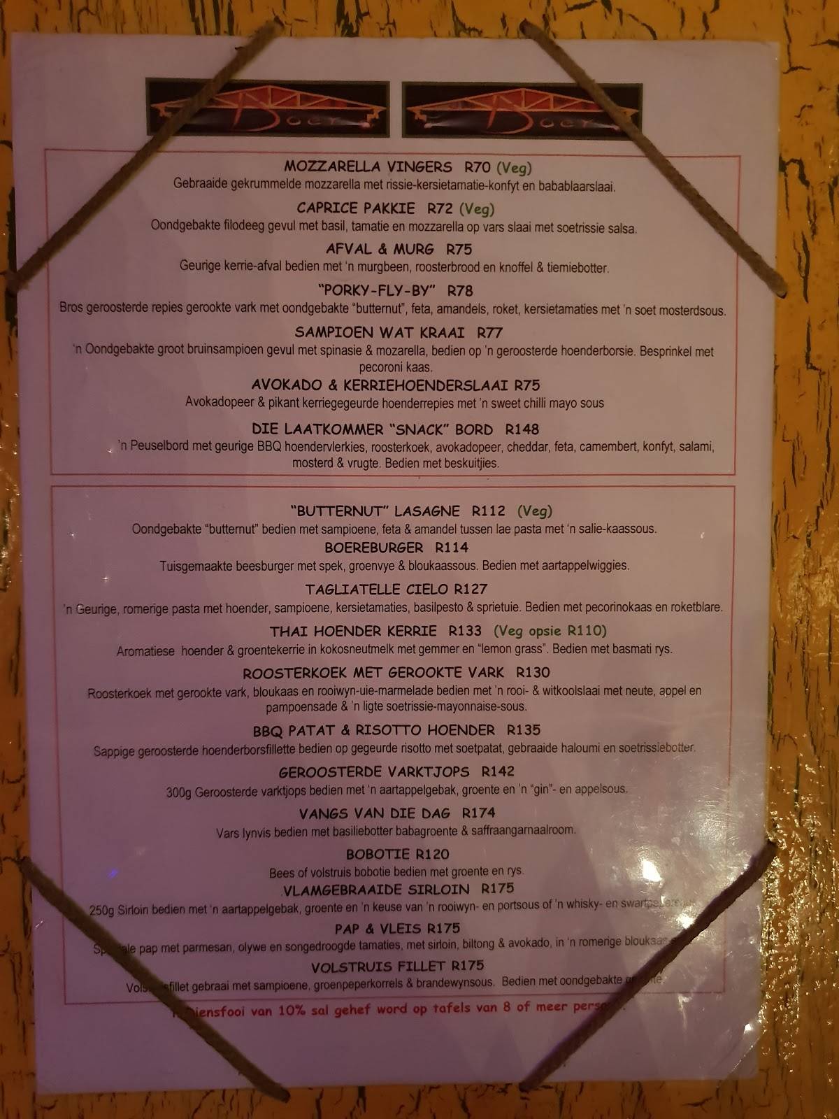 Menu at Die Boer Restaurant Durbanville, Cape Town