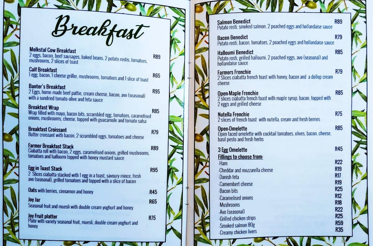 Menu at Die Melkstal cafe, Rustenburg, 188 Kock St
