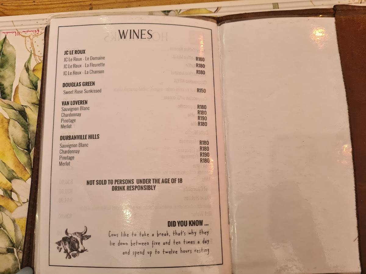 Menu at Die Melkstal cafe, Rustenburg, 188 Kock St