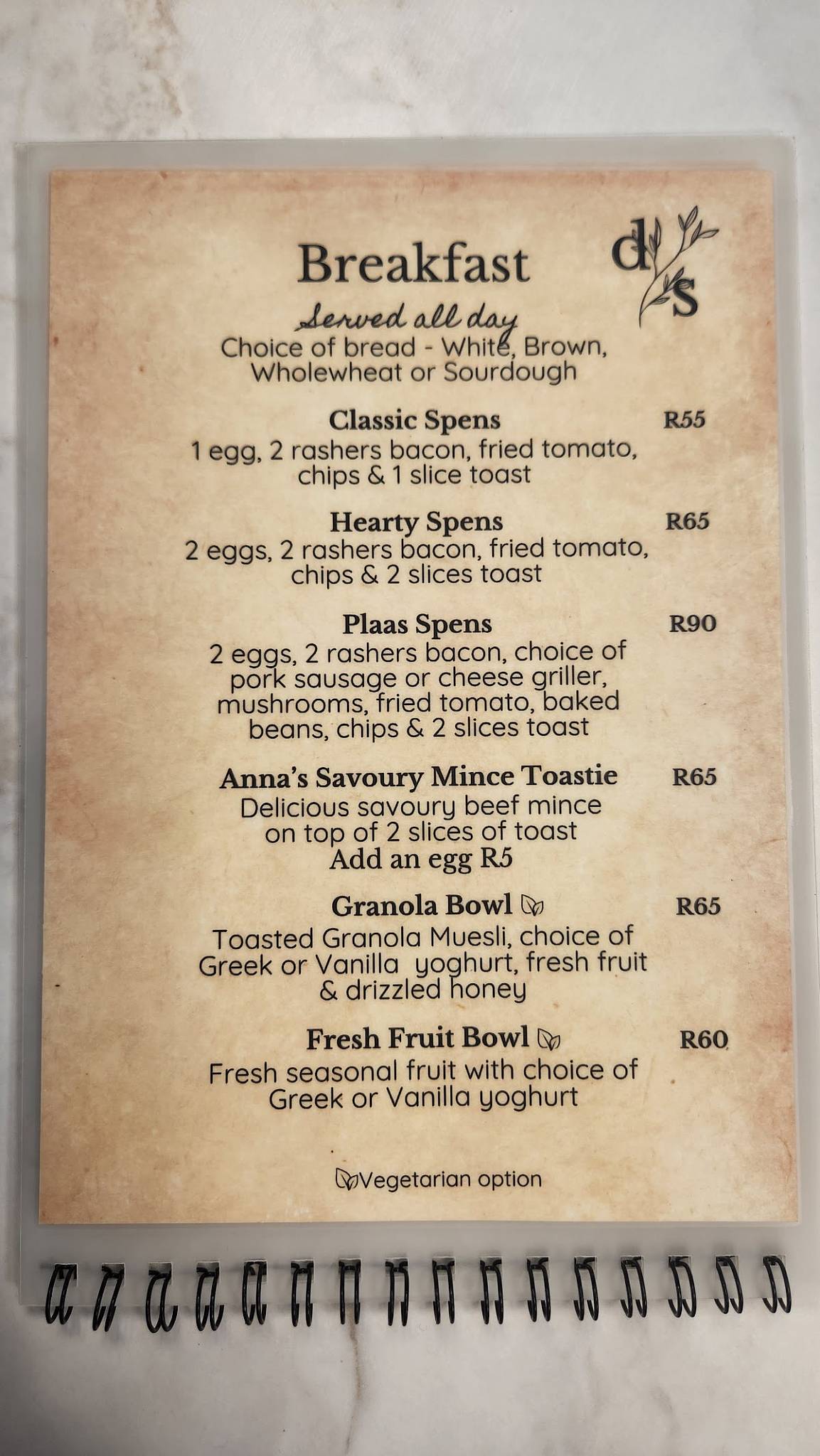 Menu at Die Spens Melkbosstrand, Cape Town
