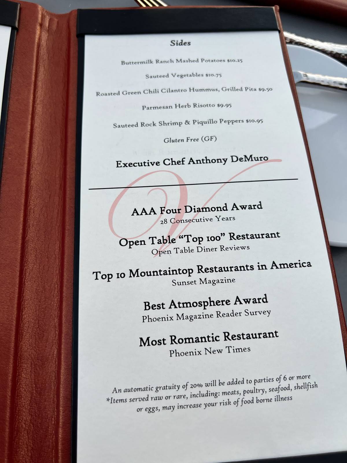 Menu at Different Pointe of View restaurant, Phoenix, N 7th St