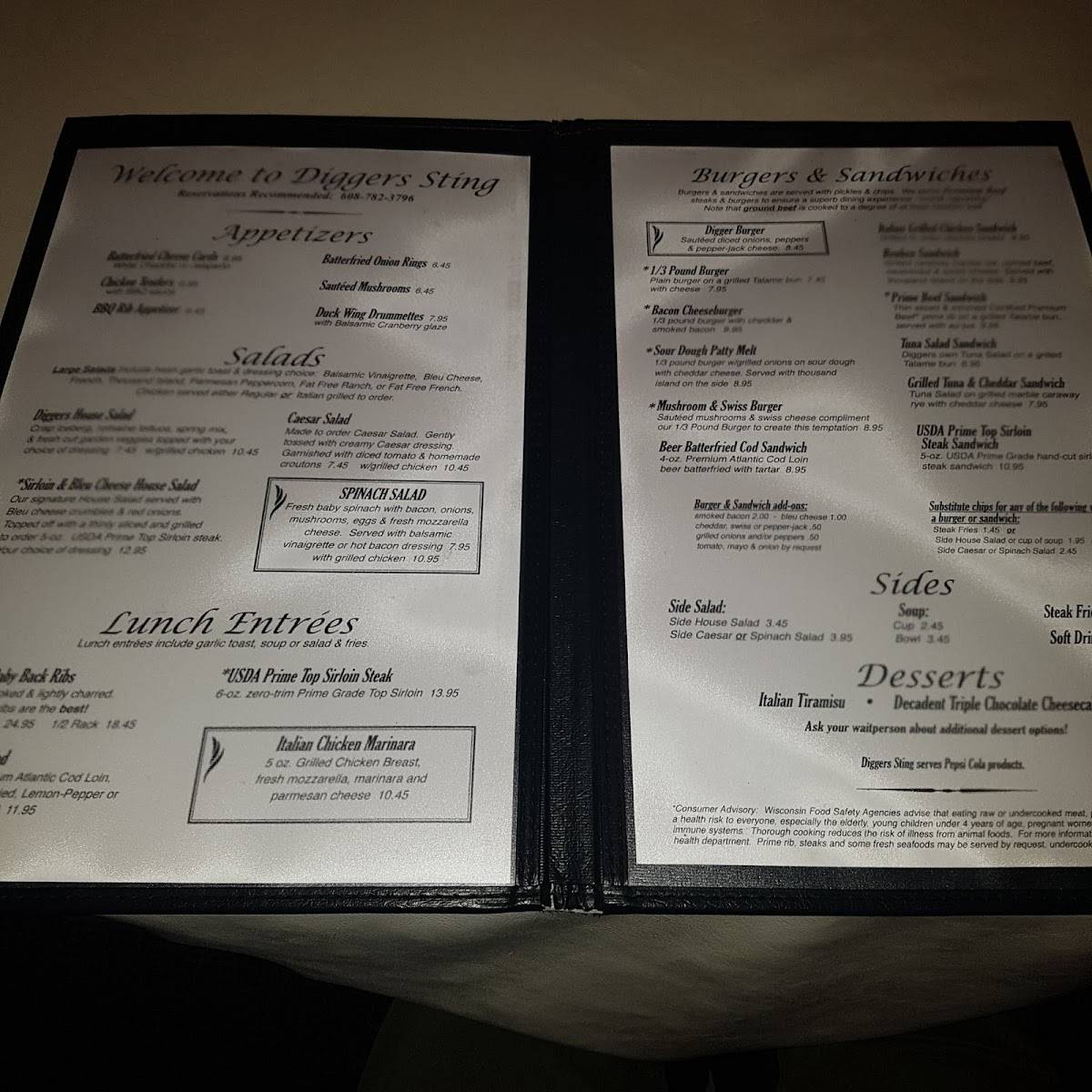 Menu at Digger's Sting Restaurant, La Crosse